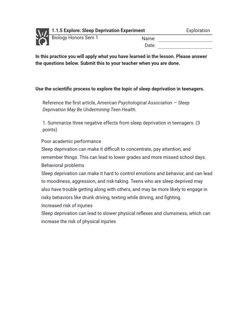 1.1.5 Explore - Sleep Deprivation Experiment (Exploration) | PDF ...