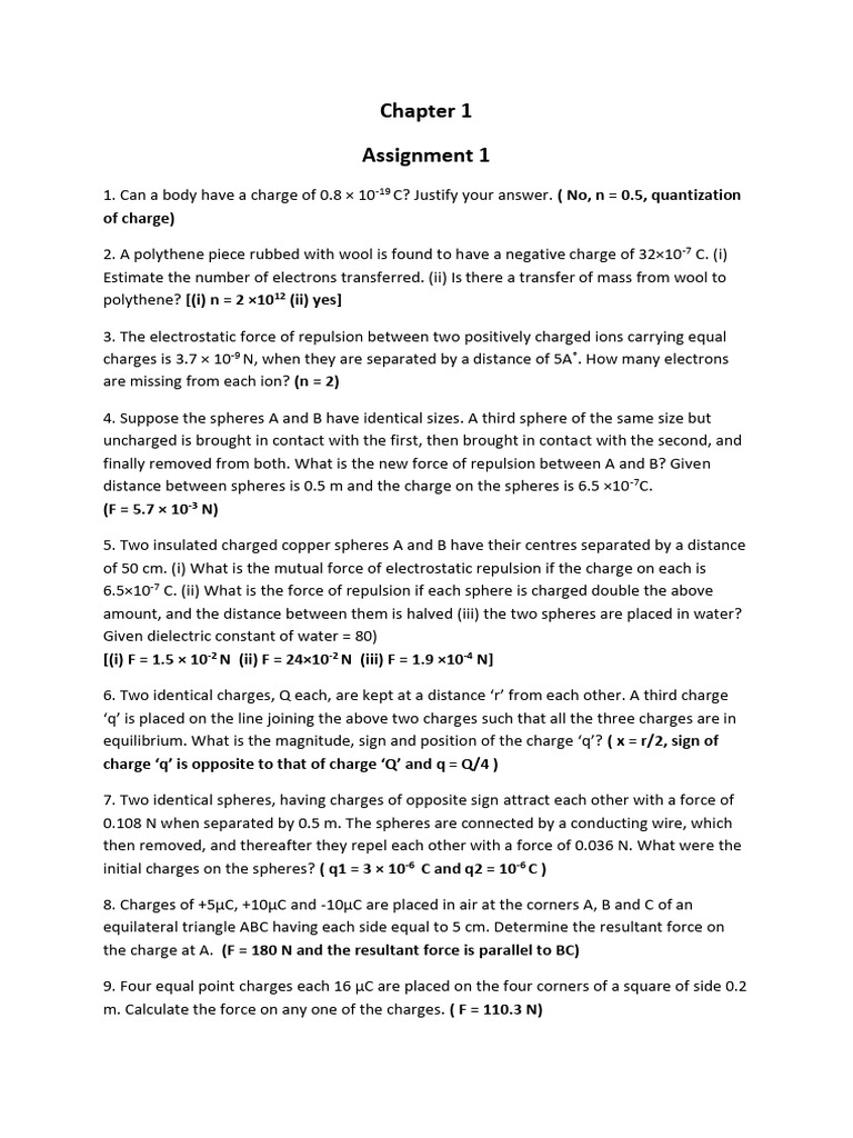 Chapter 1 - Assignment 1 | Download Free PDF | Electric Charge | Force