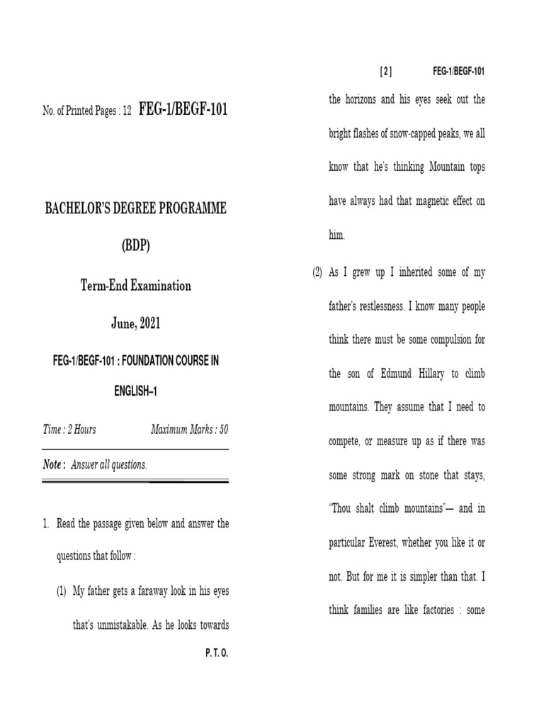 Begf-101 QP June 21 | PDF | Mountaineering | Mount Everest