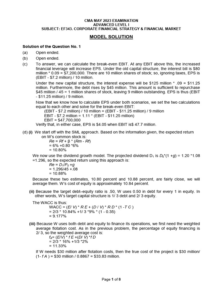 EF343. CFS (AL-I) Solution CMA May-2023 Exam. | PDF | Fiscal Policy ...