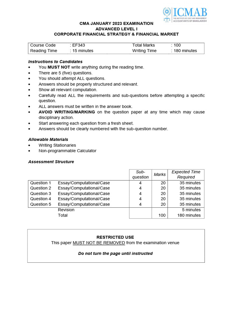 EF343.FSM (AL-I) Question CMA January-2023 Exam. | PDF | Dividend ...