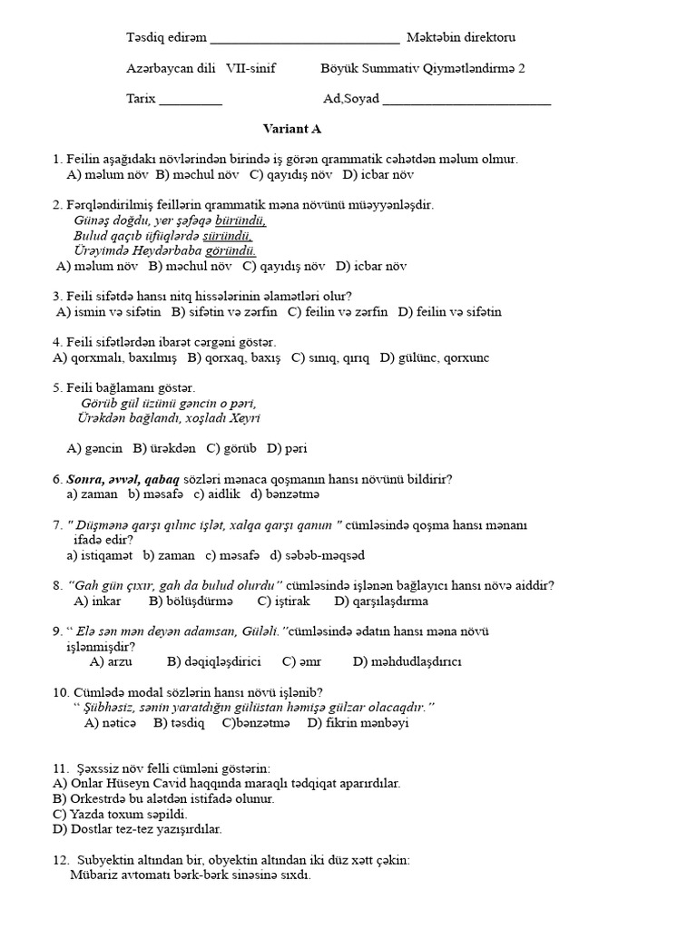 Azərbaycan Dili 7 BSQ-2 Variant A | PDF