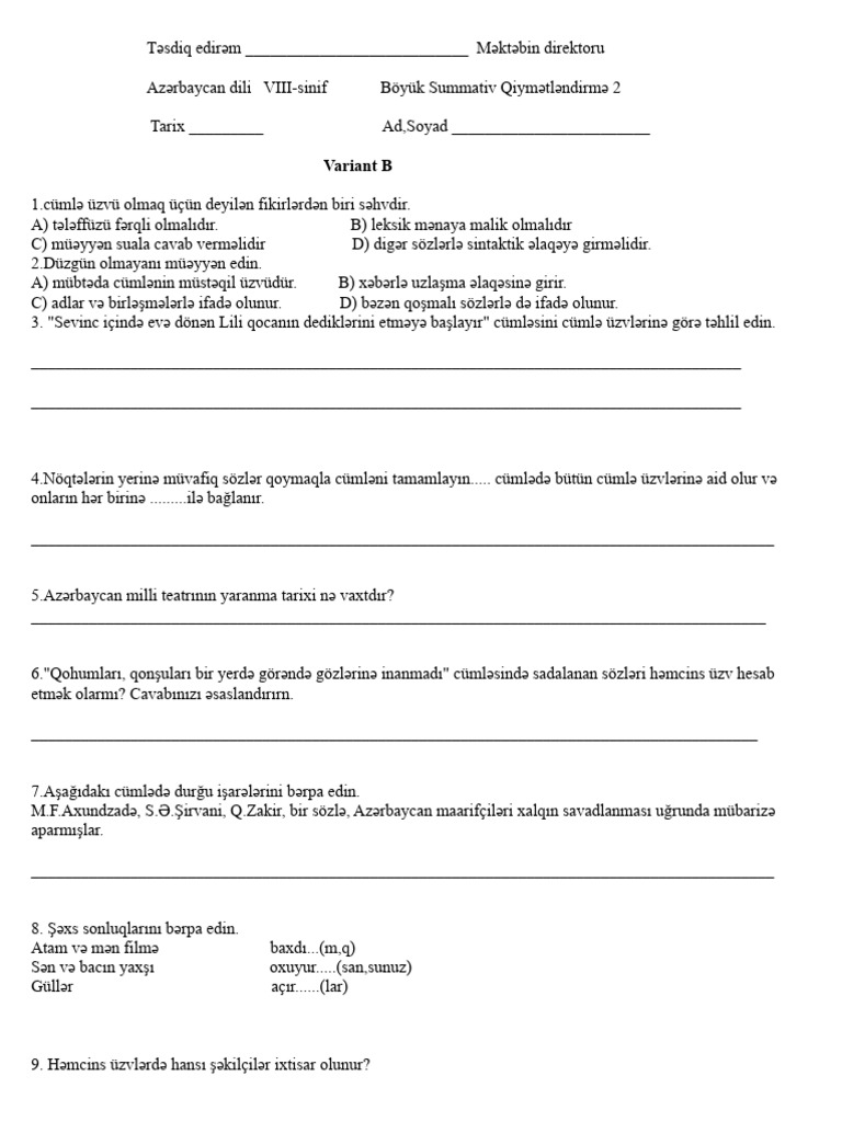 Azərbaycan Dili 8 bsq-2 Variant B | PDF
