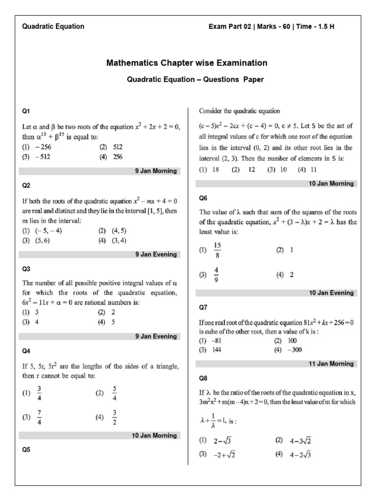 Quadratic Exam for Math Students | PDF