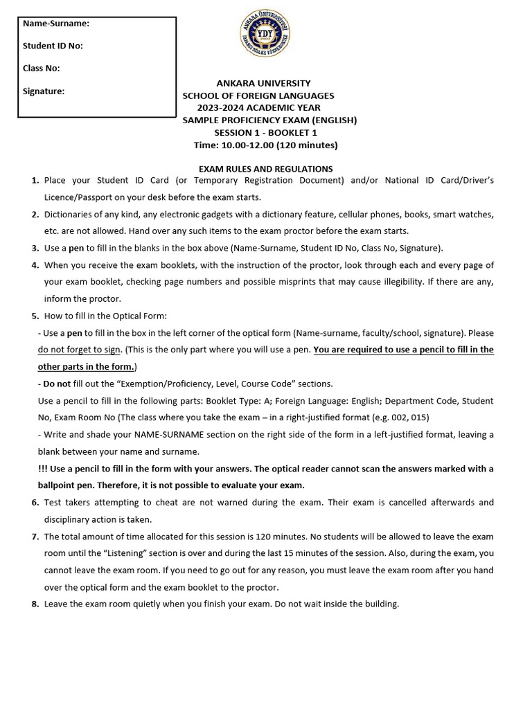 Exam Rules for Proficiency Test | PDF | Nonverbal Communication | Body ...