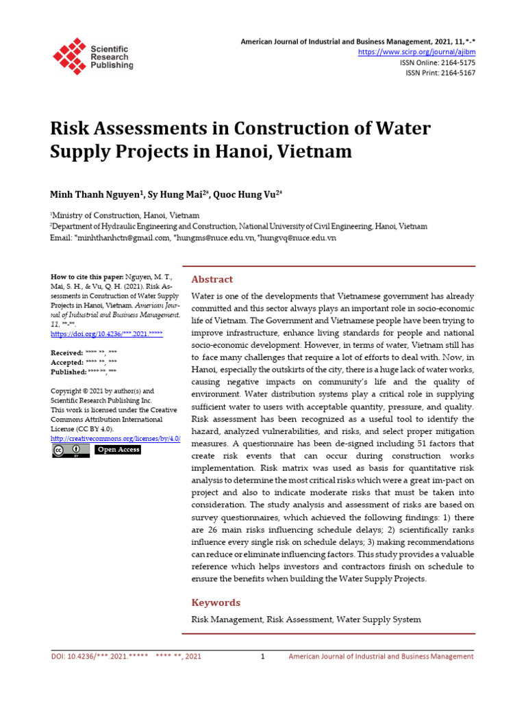 Risk Assessments in Construction of Water Supply Projects in Hanoi ...