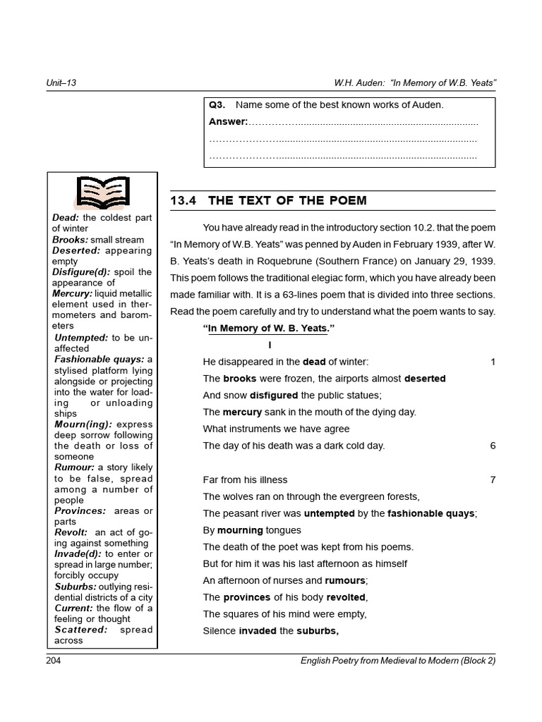 Unit 13 WH Auden in Memory of W B Yeats - Removed | PDF | Poetry