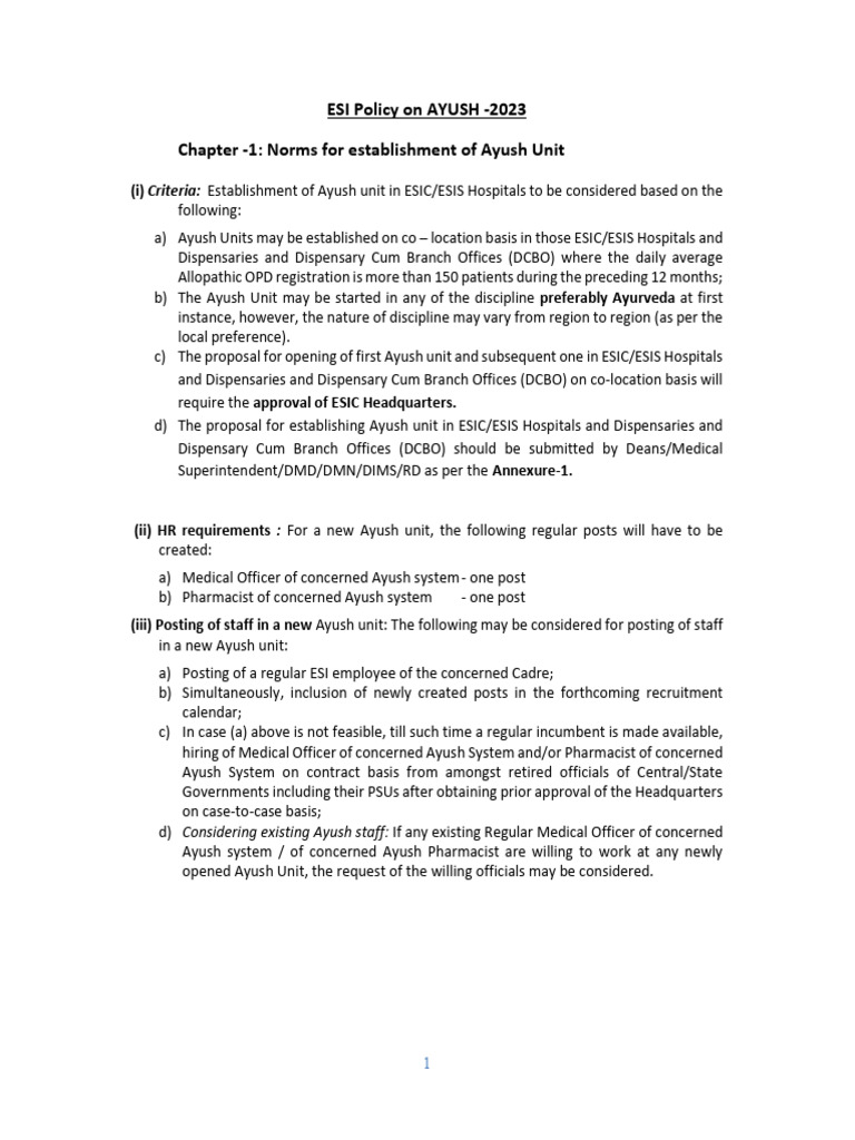 ESI AYUSH Unit Establishment Guidelines | PDF | Ayurveda | Medicine