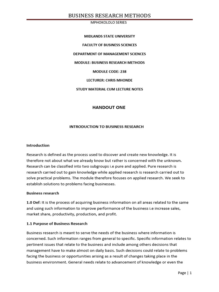 Handout One Introduction To Business Research - 2022 | PDF ...