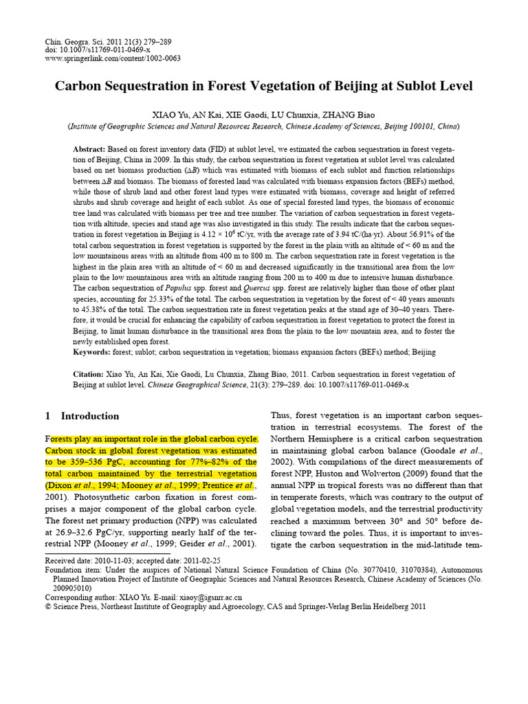 Carbon Sequestration in Forest Vegetation of Beijing at Sublot Level ...