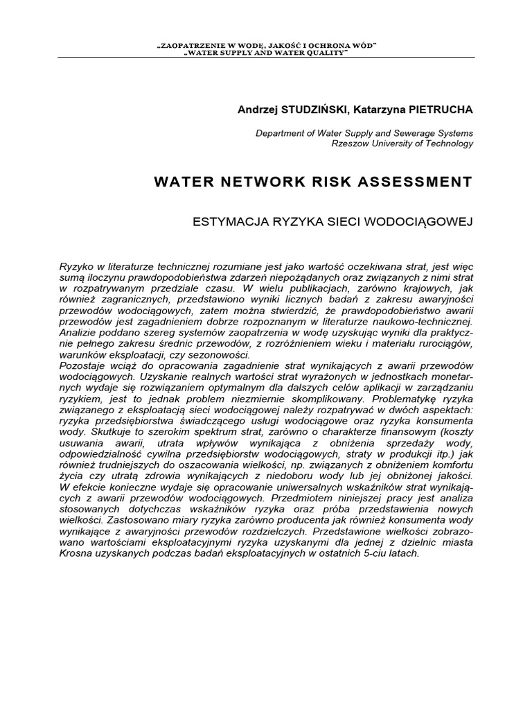 Analiza ryzyka awarii sieci wodociągowej | PDF | Risk | Water