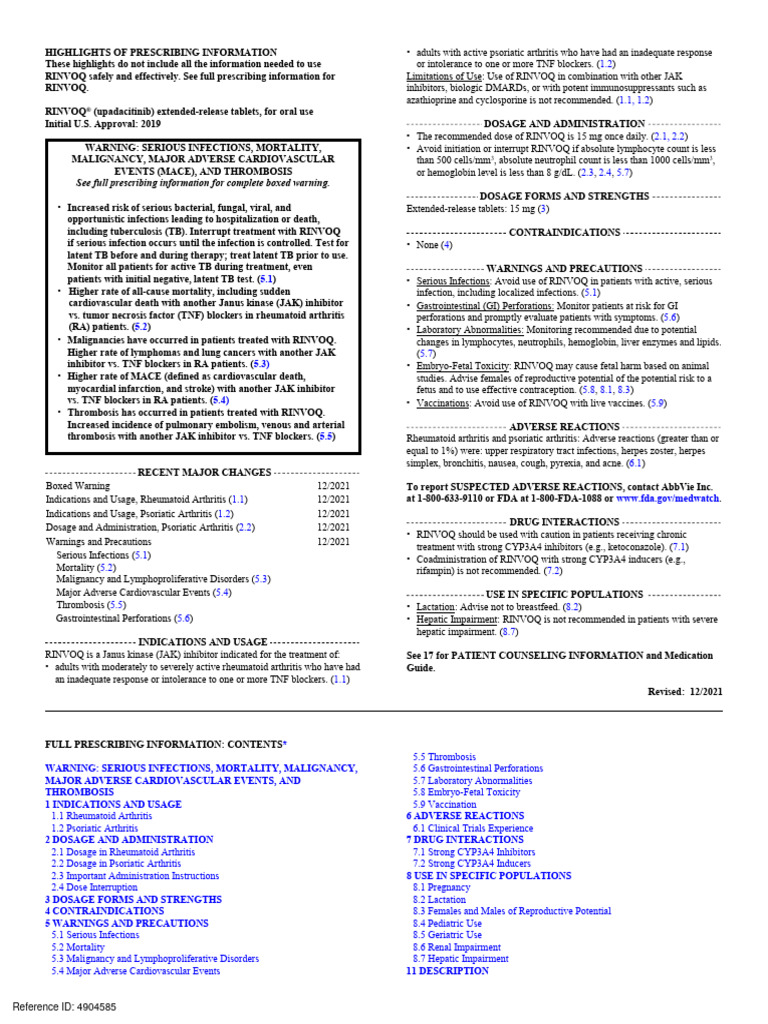 RINVOQ Extended Prescription Information | PDF | Thrombosis | Tuberculosis