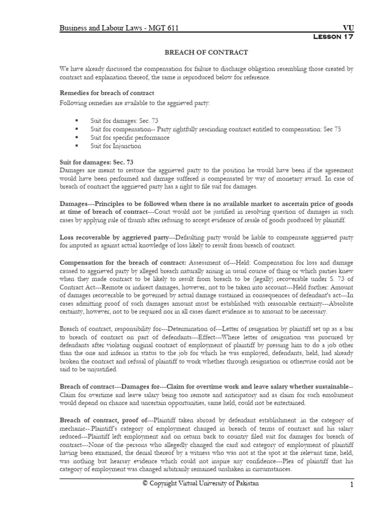 Lecture 17 | PDF | Damages | Breach Of Contract