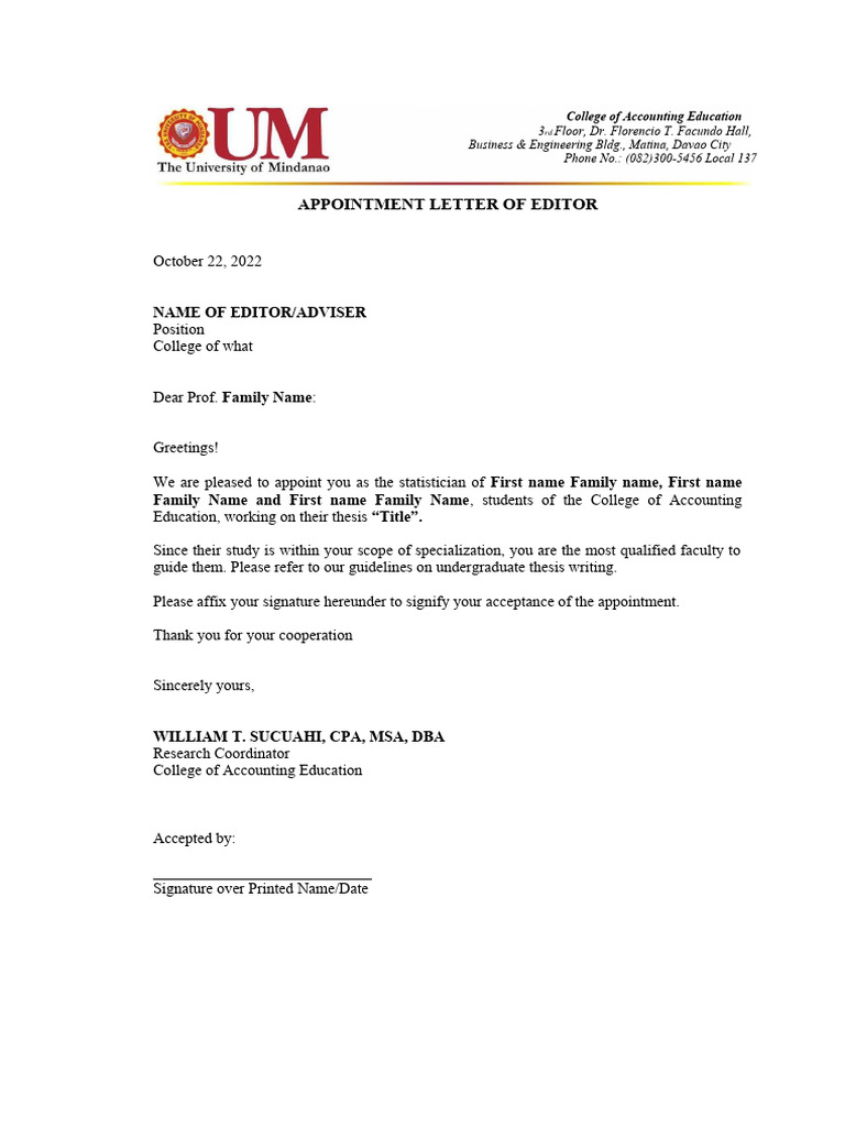Appointment Letter of Editor | PDF