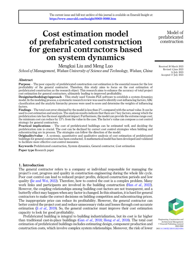 Cost Estimation Model of Prefabricated Construction For General Contractors Based On System ...