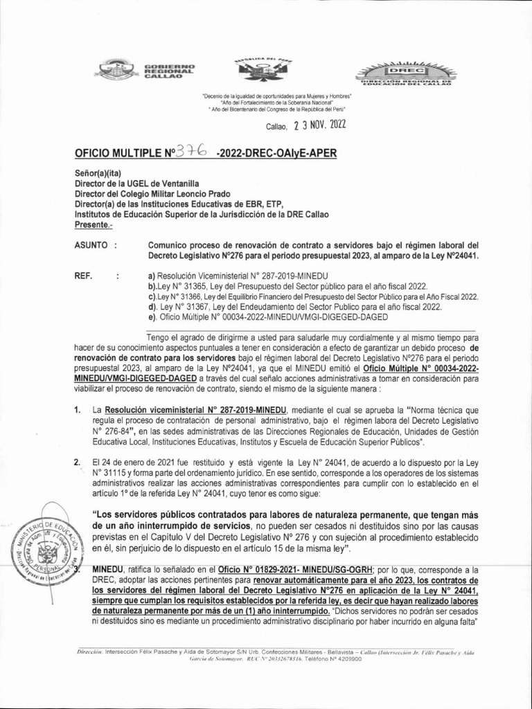 Oficio Multiple N 376 2022 Drec Oaiye Aper | PDF