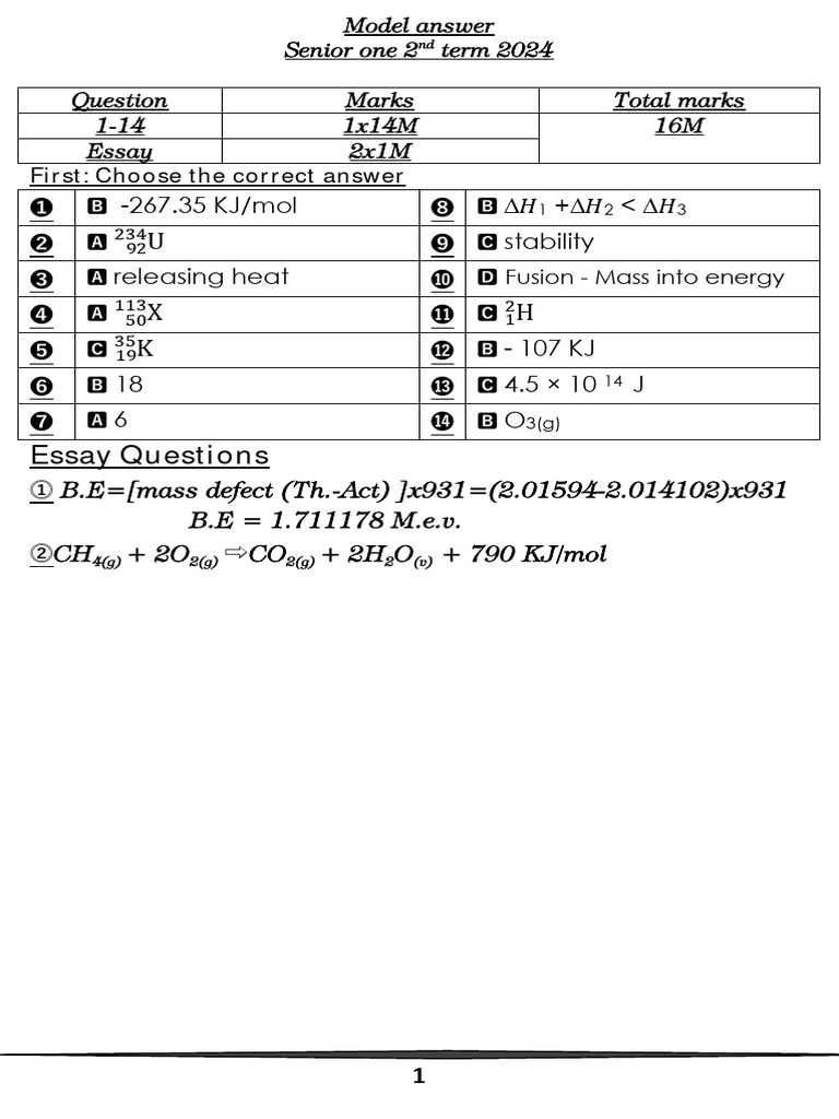 Senior One Chemistry Exam Answers | PDF