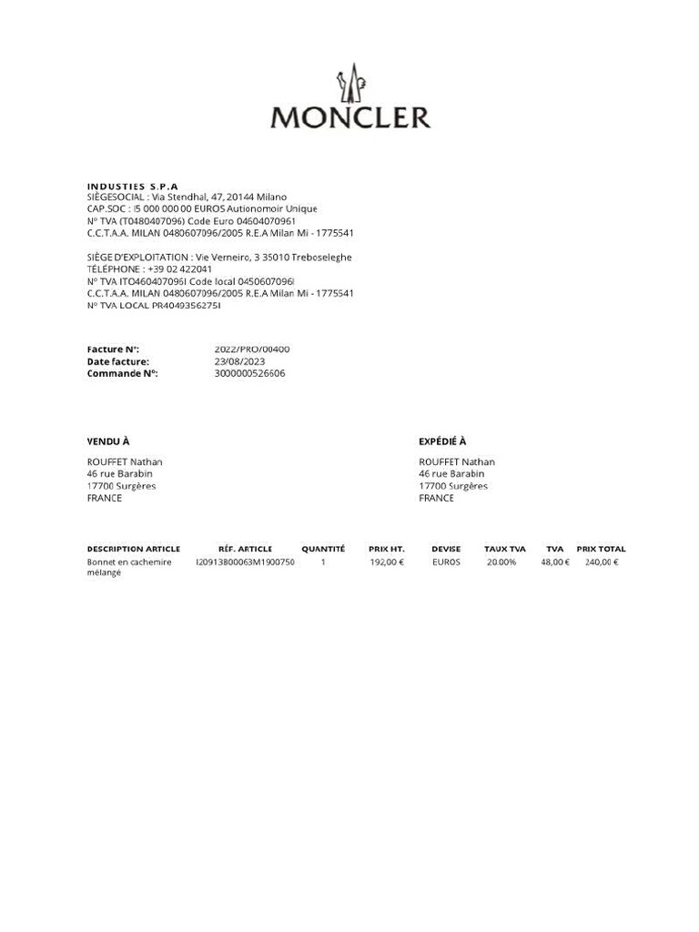 Facture Moncler | PDF