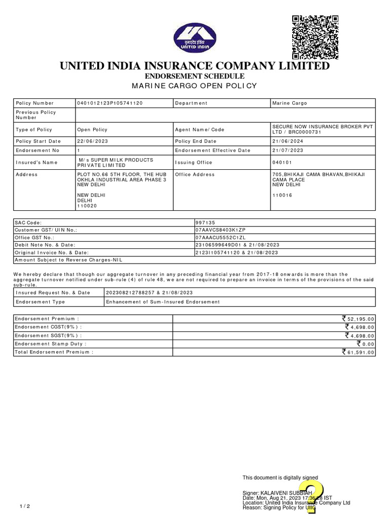 ENDORSEMENT - Super Milk - MARINE - 20230823 | PDF | Insurance ...