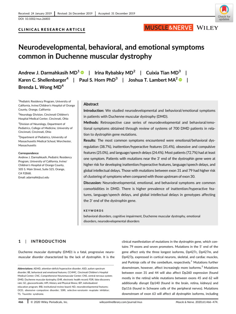 Neurodevelopmental, Behavioral, and Emotional Symptoms Common in Duchenne Muscular Dystrophy ...