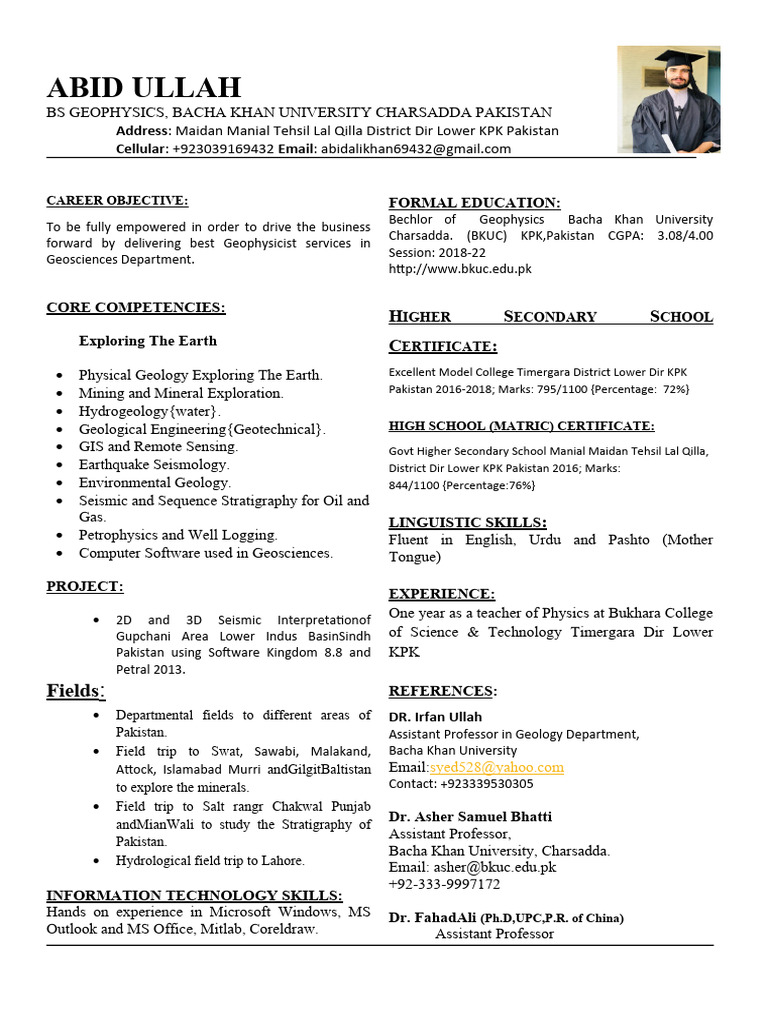 Abid Ali Geophysicist - CV | PDF | Geophysics | Khyber Pakhtunkhwa