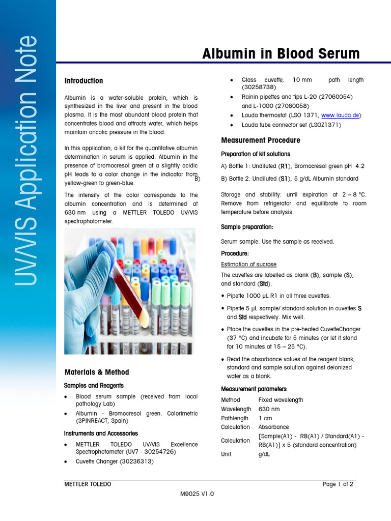 Albumin Quantification in Serum | PDF | Ultraviolet–Visible Spectroscopy | Spectrophotometry