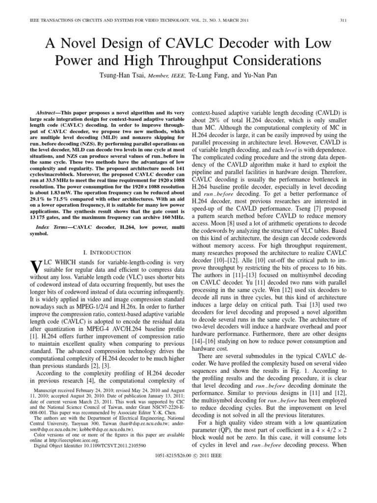 A Novel Design of CAVLC Decoder With Low Power and High Throughput Considerations | PDF | H.264 ...