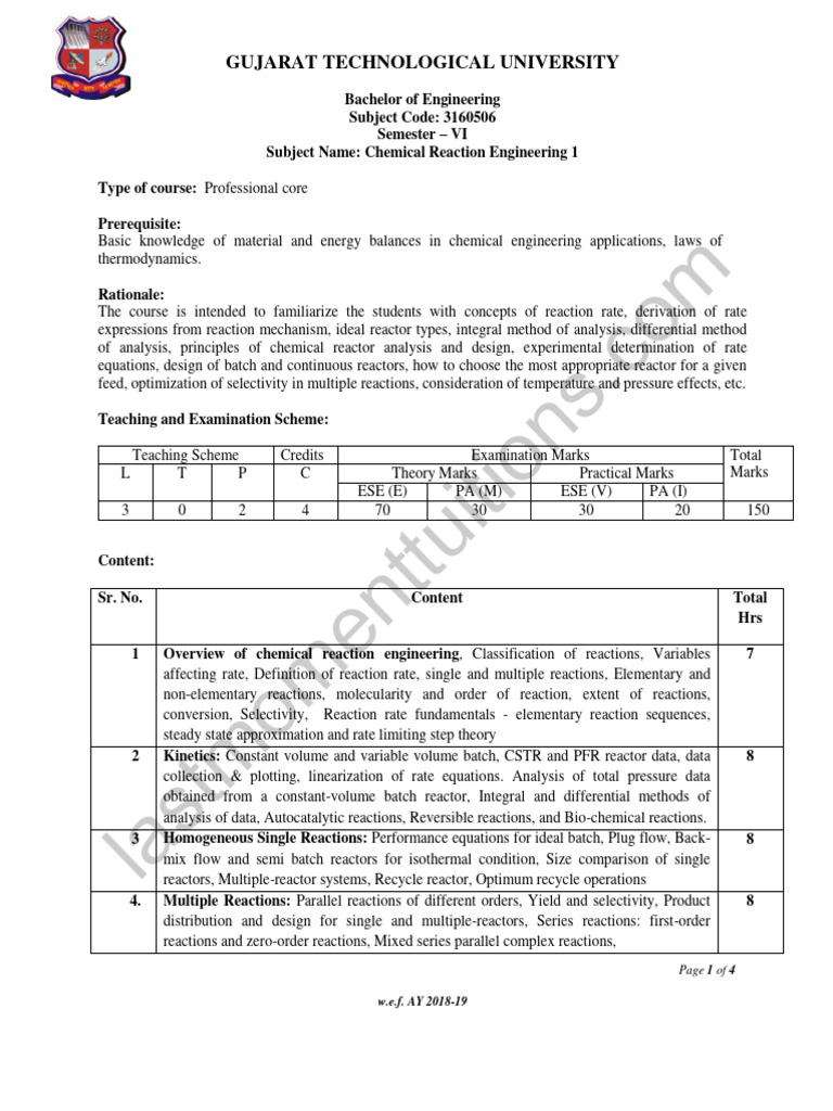 Chemical Reaction Engineering 1-3160506 | PDF | Chemical Reactor ...