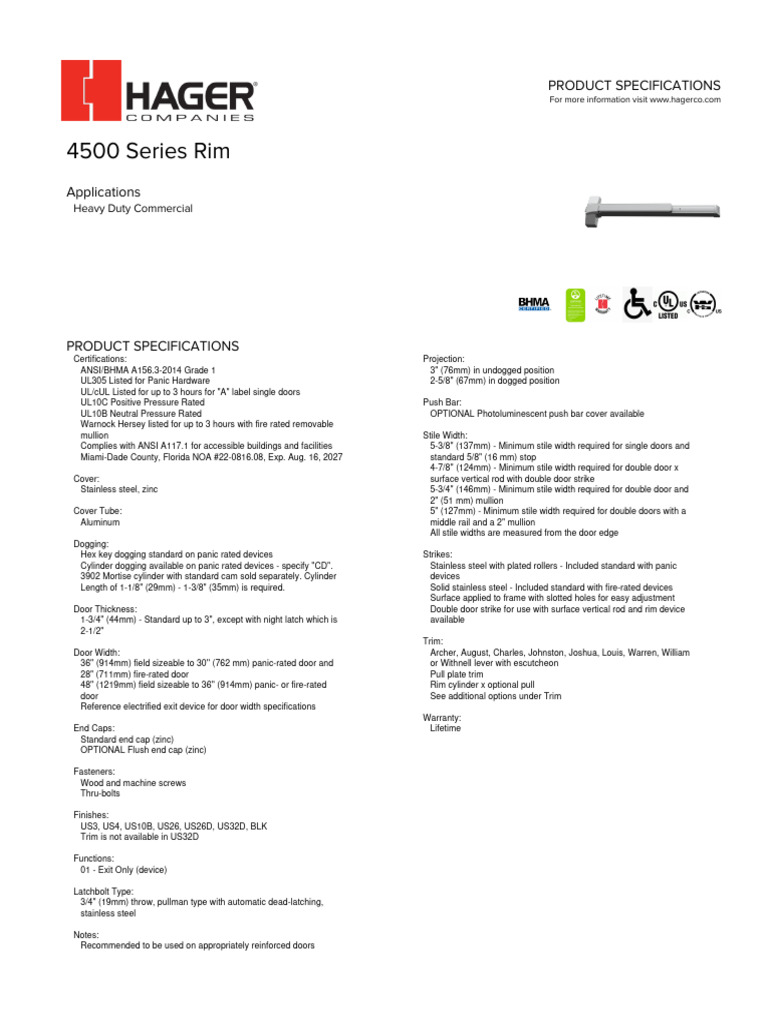 Hager 4500 Series Rim Specifications | PDF | Door