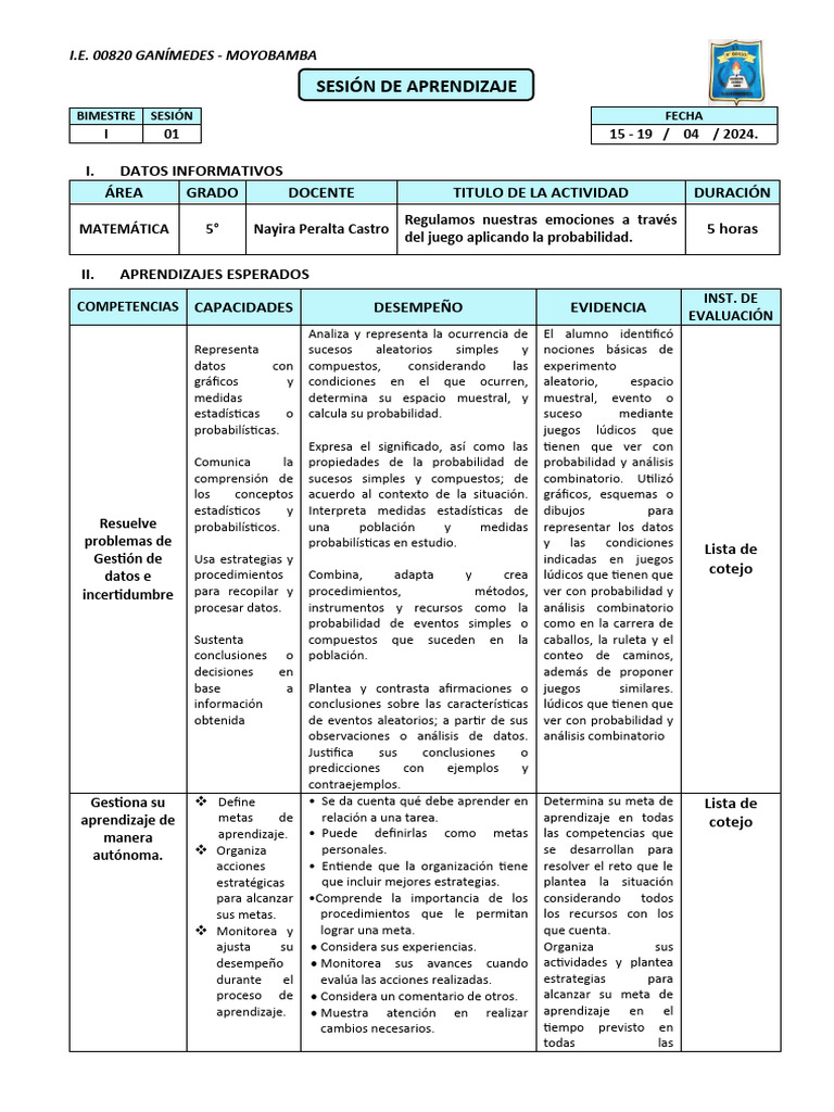 SESIÓN DE APRENDIZAJE I BIMESTRE ACTIVIDAD 1 - 5° Secundaria | PDF | Probabilidad | Aprendizaje