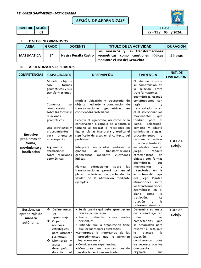 SESIÓN DE APRENDIZAJE II BIMESTRE - 3ro | PDF | Geometría | Aprendizaje SESIÓN DE APRENDIZAJE II BIMESTRE - 3ro | PDF | Geometría | Aprendizaje