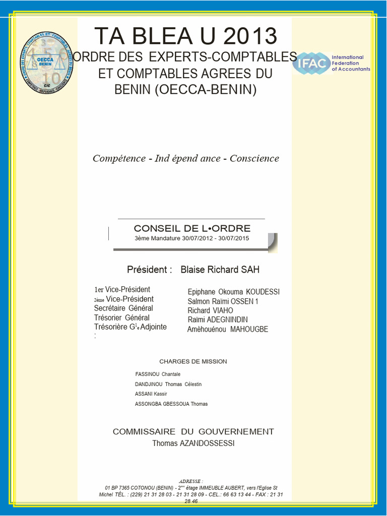 Tableau 2013 Ordre Des Experts-Comptables Et Comptables Agrees Du Benin ...