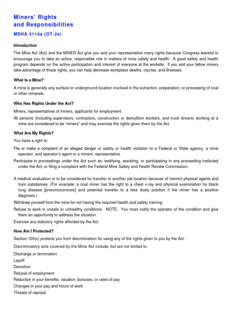 Miners Rights Trifold | PDF | Occupational Safety And Health | Labor ...