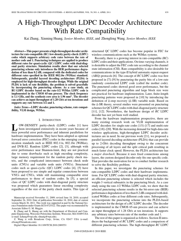 A High-Throughput LDPC Decoder Architecture With Rate Compatibility | PDF | Low Density Parity ...