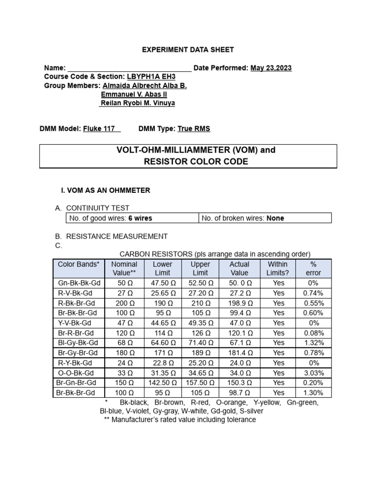 Lab Sheet - VOM and The Resistor Color Code | PDF | Voltage | Direct ...