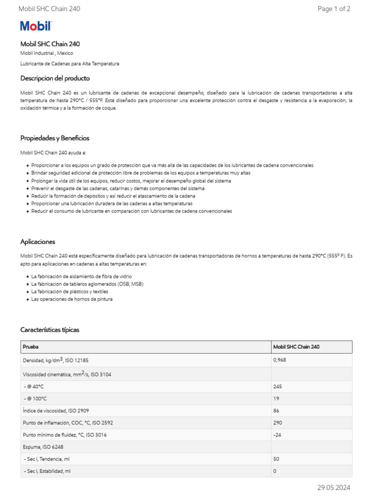 GL XX Mobil SHC Chain 240 | PDF | Lubricante | Materiales