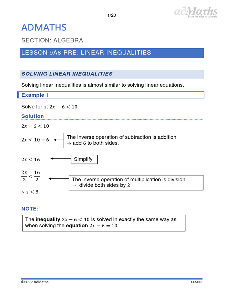 9A8-PRE e Linear Inequalities | PDF | Inequality (Mathematics) | Applied Mathematics