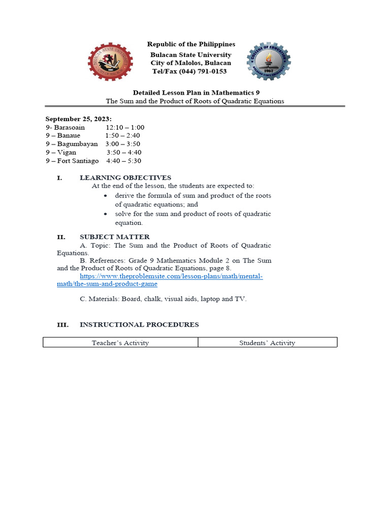 Detailed Lesson Plan Math 9 (Sum and Product of Roots) | PDF ...