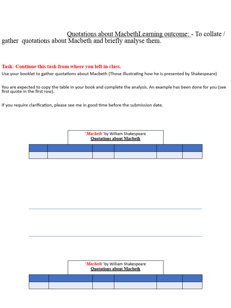 Macbeth Quotes Analysis Task | PDF