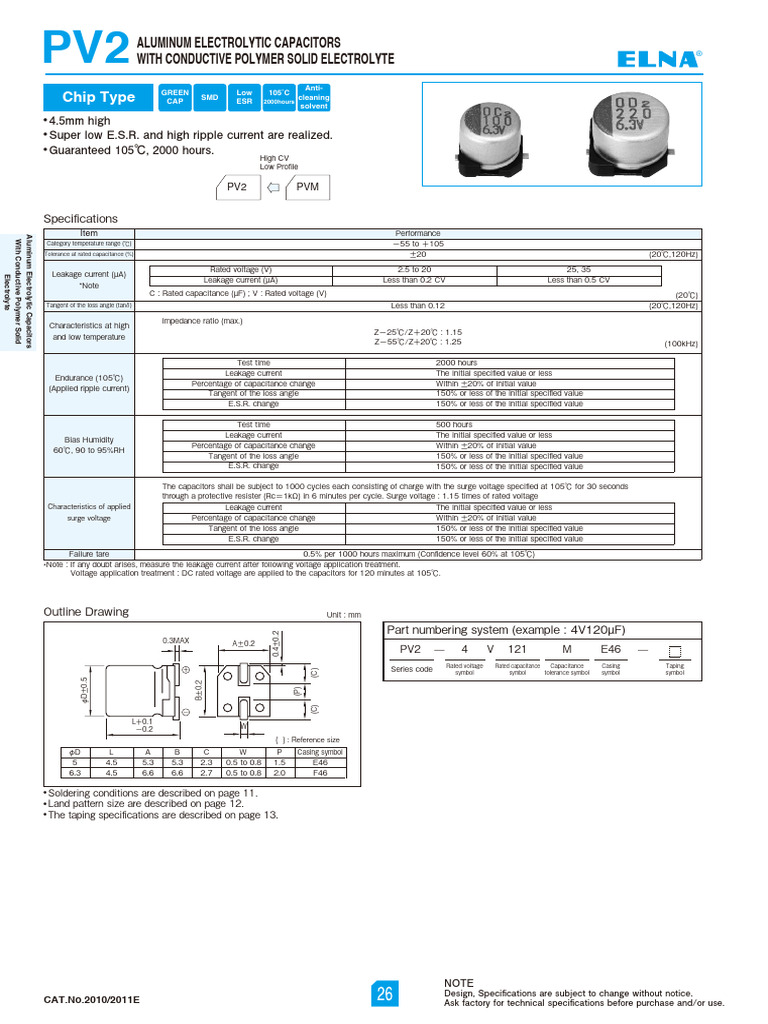 Elna (Polymer SMD) PV2 Series | Download Free PDF | Capacitor | Manufactured Goods