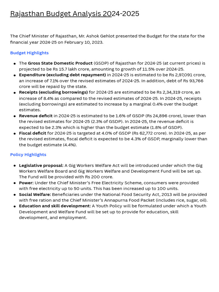 Rajasthan Budget 2024-25 Overview | PDF | Government Budget Balance ...