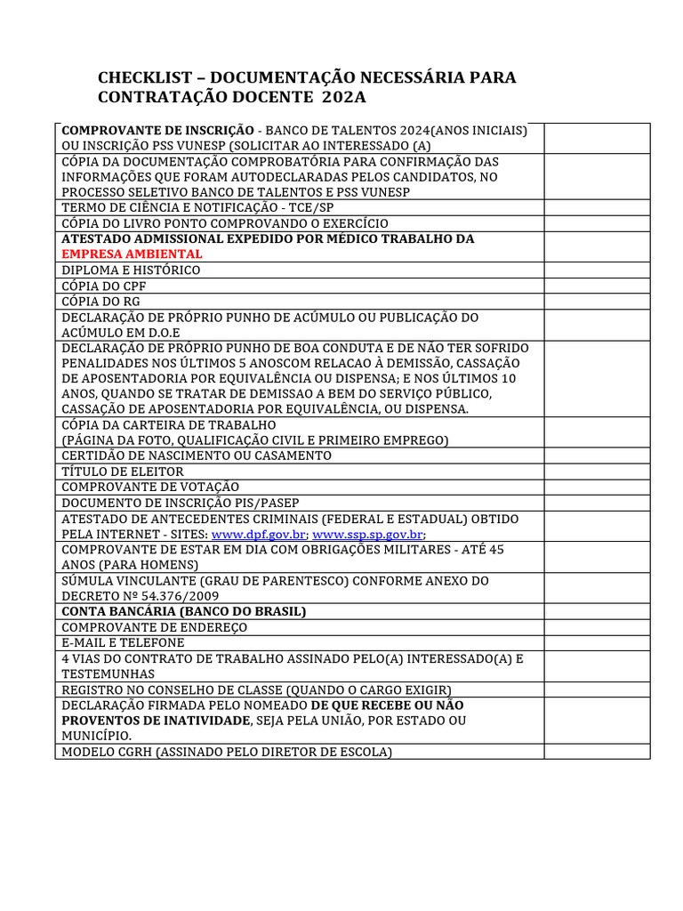 Checklist - Documentos Contratos 2024 | PDF