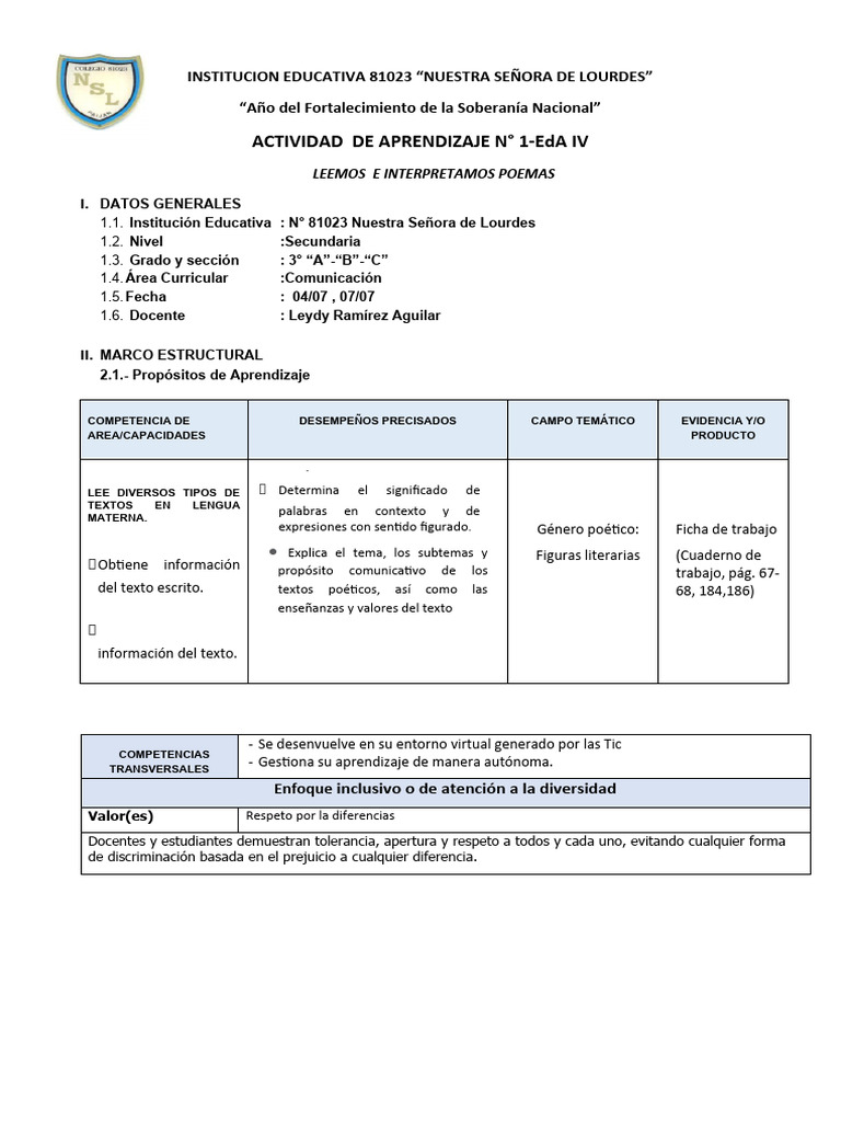 Actividad de Aprendizaje 1-3° Eda Iv | PDF | Poesía | Aprendizaje