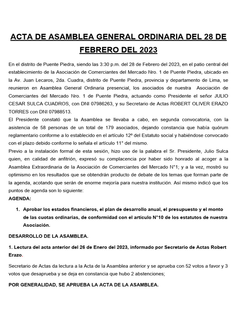 Acta de Asamblea General Extraordinaria Del 29 de Noviembre de 2022 | PDF