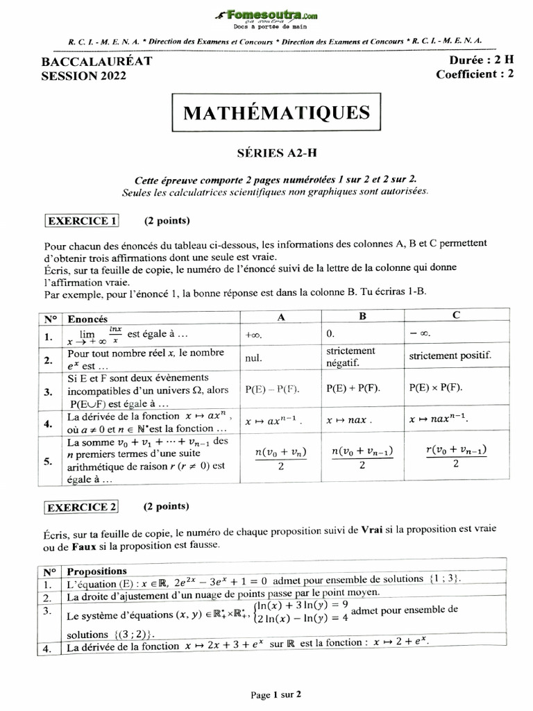 BAC 2022 Maths Séries A2-H | PDF