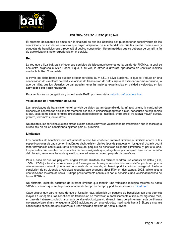 Política de Uso Justo (Puj) Bait | PDF | Internet | Telecomunicaciones