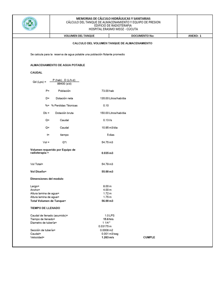 Calculo Tanque Almacenamiento y Equipo de Bombeo | PDF | Equipo | Hidráulica