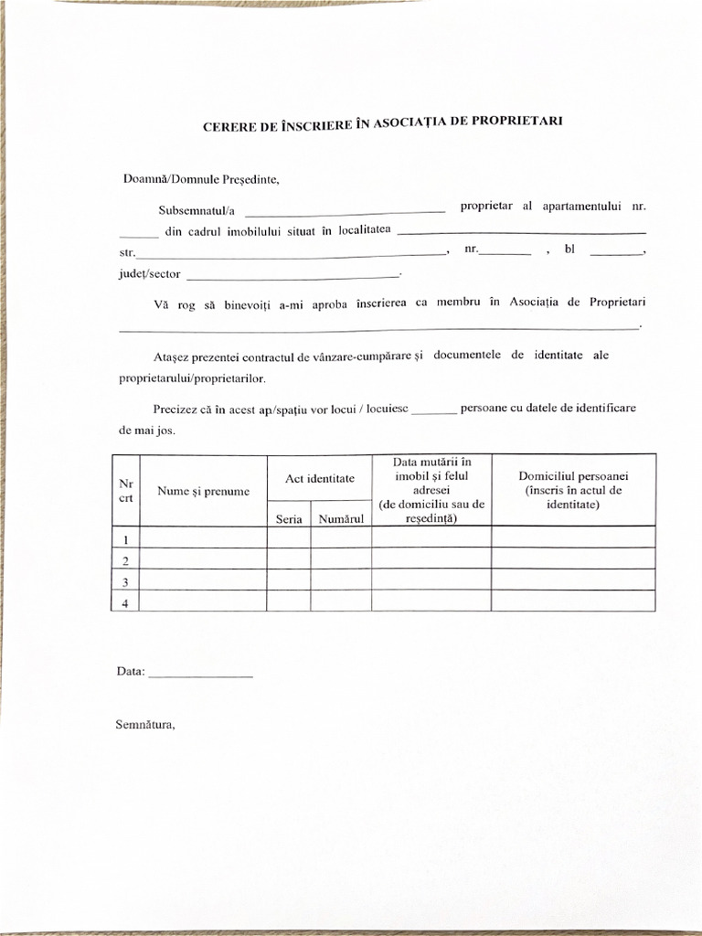 Cerere Inscriere in Asociatia de Proprietari | PDF