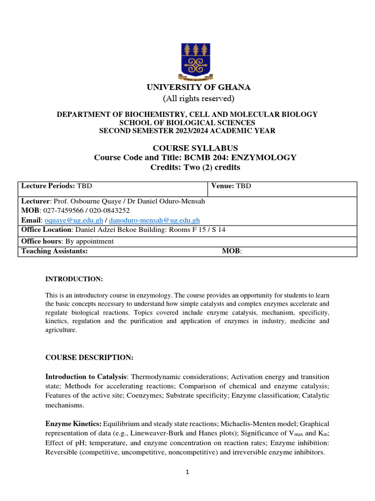 BCMB 204 Course Outline | PDF | Enzyme | Enzyme Kinetics