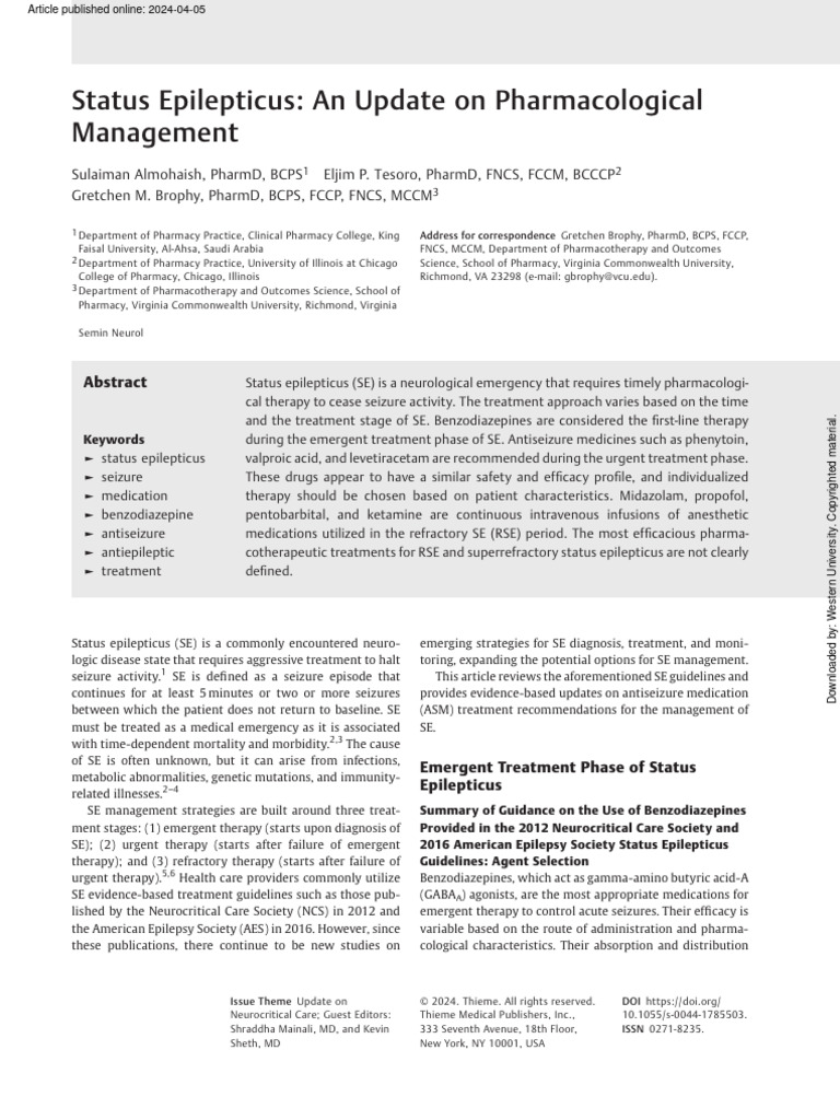 Status Epilepticus An Update On Pharmacological Management | PDF ...